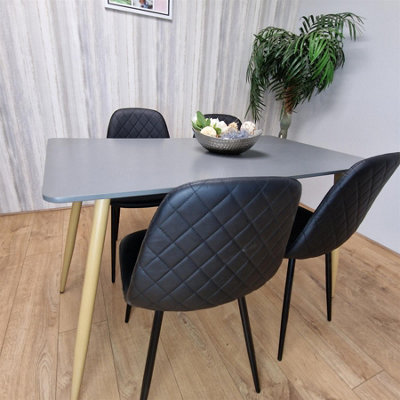 Dining Table Set of 4 Wooden Grey Table with 4 Black Gem Patterend Chairs