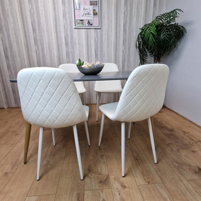 Dining Table Set of 4 Wooden Grey Table with 4 White Gem Patterend Chairs