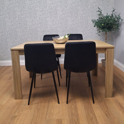 Dining Table Set Of 4 Wooden Oak Table And 4 Tufted Velvet Black Chairs ...