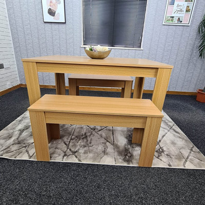 Dining Table With 2 Bench, Dining Table Room Set 4, Wooden OAK Effect ...
