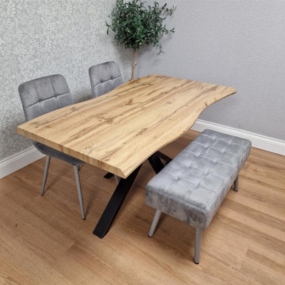 Dining Table with 2 Grey Velvet Chairs and Modern Grey Bench Dining ...