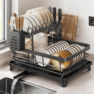 Dish Drainer Rack, Detachable 2 Tier Dish Rack Drip Tray, Large ...