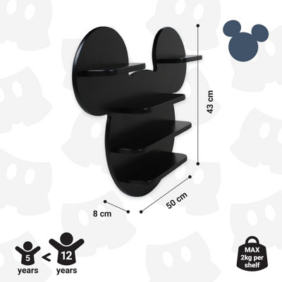 Disney Classic Mickey Mouse Small Wall Shelf Wall Mounted Kids Bookshelf and Storage Shelf Black