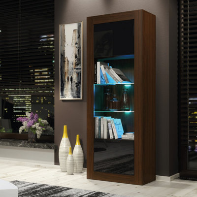 Display Cabinet 170cm Modern Walnut with High Gloss Black Doors ...