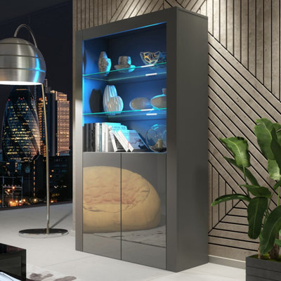 Display Cabinet Spectrum 170cm - Dark Grey with Gloss Doors and LED Lights