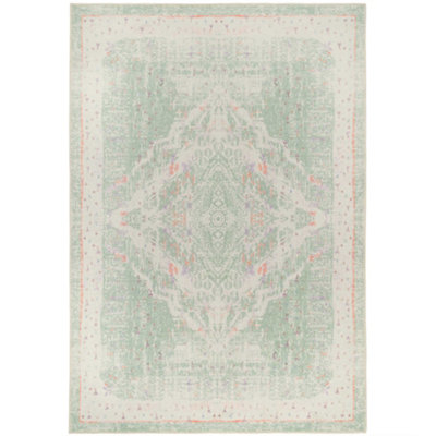 Distressed Cream Green Persian Style Washable Non Slip Rug 80x150cm