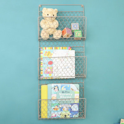 Distressed Grey Wall Mounted Magazine Newspapers Holder Storage Rack