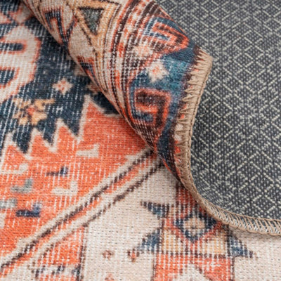 Distressed Navy Terracotta Persian Style Washable Non Slip Rug 240x330cm