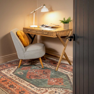 Distressed Terracotta Green Persian Style Washable Non Slip Rug 200x290cm