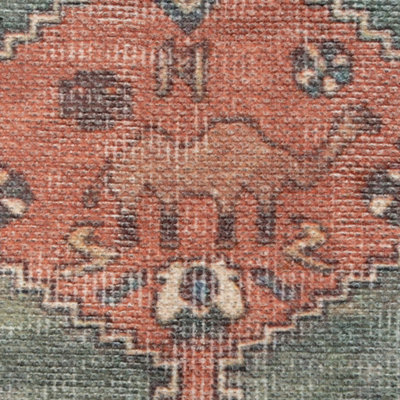 Distressed Terracotta Green Persian Style Washable Non Slip Rug 200x290cm