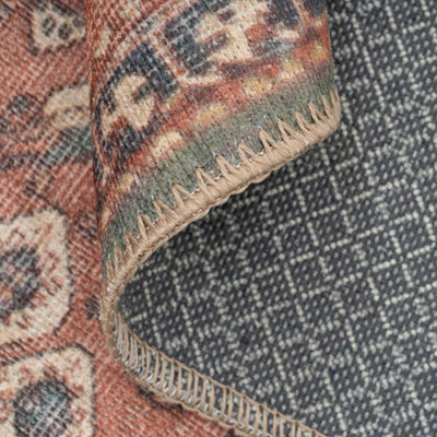 Distressed Terracotta Green Persian Style Washable Non Slip Rug 200x290cm