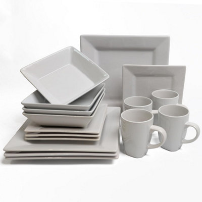 DIVCHI 16 Piece Dinnerware Set Square Kitchen Dinner Sets For 4 Dessert Plates Cereal Bowls Mugs