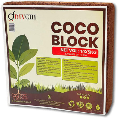 DIVCHI COCO BLOCK 10 X 5Kg ORGANIC COCONUT FIBRE 100% NATURAL PLANTING COCO SOIL