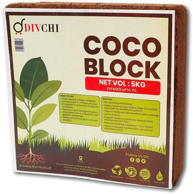 DIVCHI COCO BLOCK 5kg (70L) ORGANIC COCONUT FIBRE 100% NATURAL PLANTING ...