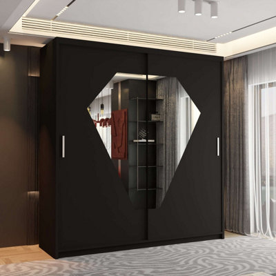 Dixon Modern Sliding Door Wardrobe Unique Mirror Style with LED Light - 150cm,203cm (Black 203cm)