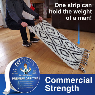 DIY Doctor 30m x 50mm XL Double-Sided Carpet Tape Clear Heavy-Duty Rug ...