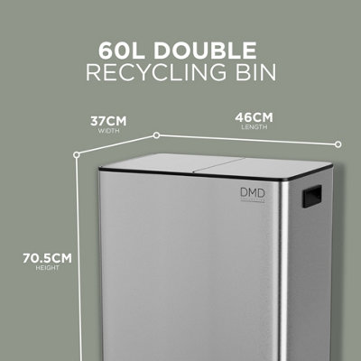 DMD Stainless Steel 60L Waste & Recycling Kitchen Bin, 2 x 30L Buckets ...