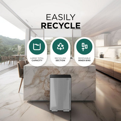 DMD Stainless Steel 60L Waste & Recycling Kitchen Bin, 2 x 30L Buckets ...
