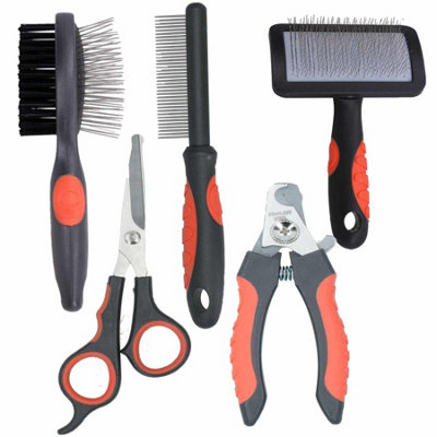 Dog Cat Groom Set:Medium Comb, Slicker/Double Sided Brush,Scissors ...