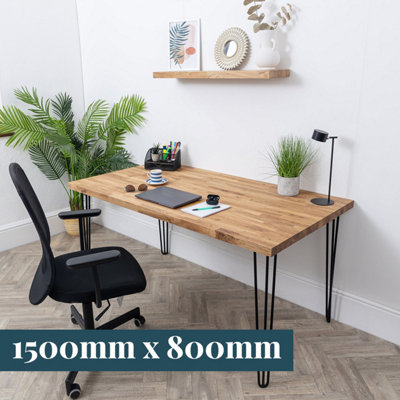 domli Solid Oak Wood Home Office Computer Desk With Black Hairpin Legs ...