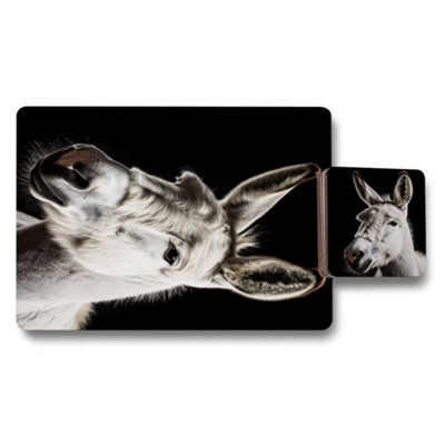 Donkey Portrait Placemats And Coasters Set 12 Pieces Black Background