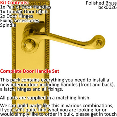 Door Handle & Latch Pack Brass Victorian Scroll Lever Turn Reeded Backplate