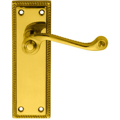 Door Handle & Latch Pack Brass Victorian Scroll Lever Turn Reeded Backplate
