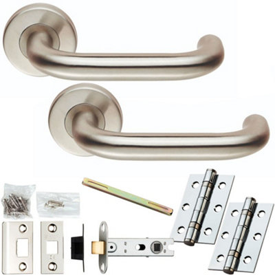 Door Handle & Latch Pack - Bright Steel - Round Curved Bar Lever On ...