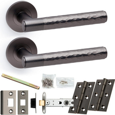 Door Handle & Latch Pack - Dark Bronze - Modern Hammered Lever On Round ...