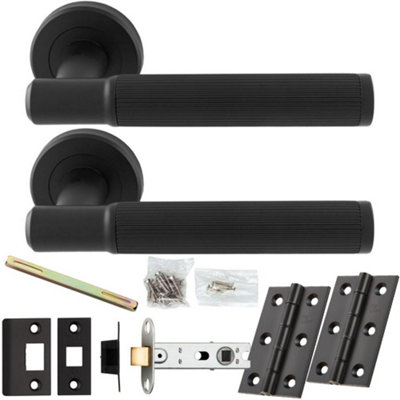 Door Handle & Latch Pack - Matt Black - Flared Lined Reeded Lever On ...
