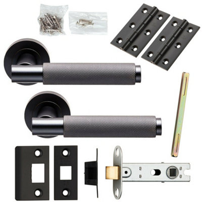 Door Handle & Latch Pack Matt Black Knurled Round Lever Screwless Round ...