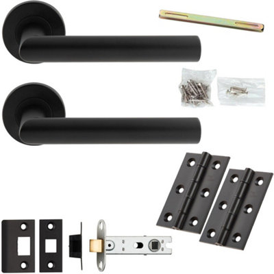 Door Handle & Latch Pack - Matt Black - Mitred Round Bar Lever On Round ...
