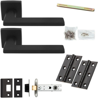 Door Handle & Latch Pack - Matt Black - Slim Smooth Bar Lever On Square ...