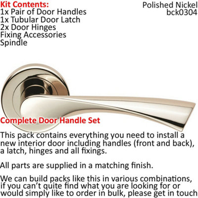 Door Handle & Latch Pack Polished Nickel Angular Lever Screwless Round Rose