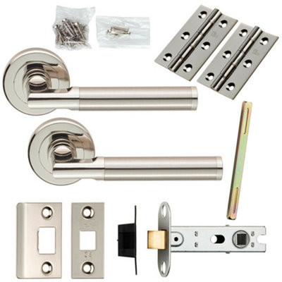 Door Handle & Latch Pack Polished & Satin Nickel Section Bar Screwless Rose