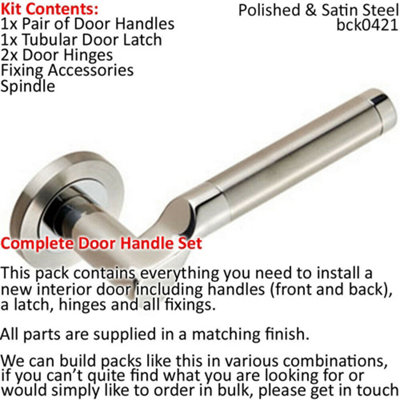 Door Handle & Latch Pack Polished & Satin Steel Cranked Bar Screwless Rose