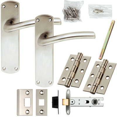 Door Handle & Latch Pack Satin Chrome Modern Arched Round Bar on Backplate