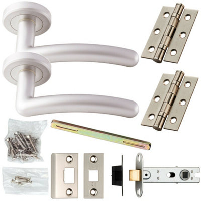 Door Handle & Latch Pack Satin Chrome Modern Curved Bar Screwless Round ...