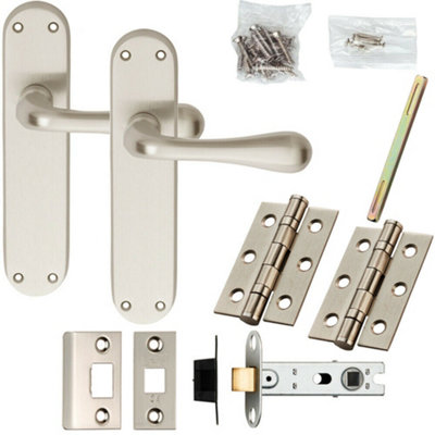 Door Handle & Latch Pack Satin Chrome Smooth Flared Lever Rounded Backplate