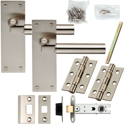 Door Handle & Latch Pack Satin Nickel Low Profile Round Lever Slim ...