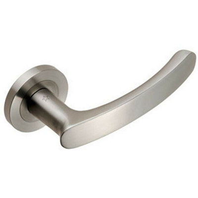 Door Handle & Latch Pack Satin Steel Flat Curved Lever Screwless Round Rose