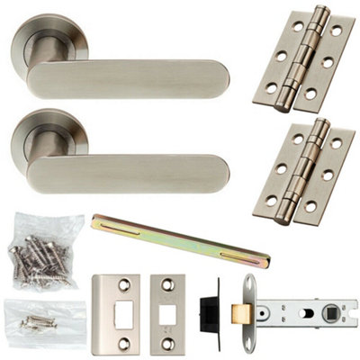 Door Handle & Latch Pack Satin Steel Flat Faced Lever Screwless Round ...