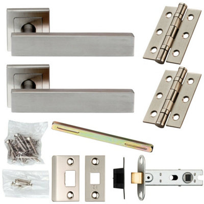 Door Handle & Latch Pack Satin Steel Modern Flat Lever Screwless Square ...