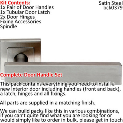 Door Handle & Latch Pack Satin Steel Modern Flat Lever Screwless Square ...