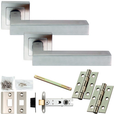 Door Handle & Latch Pack - Satin Steel - Square Mitred Bar Lever On ...