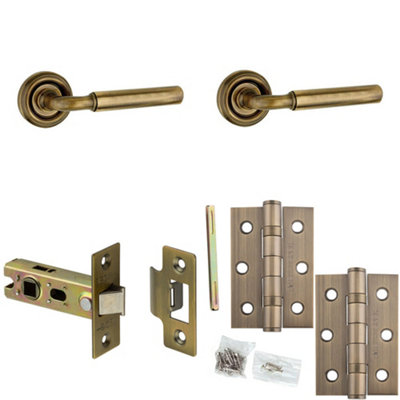 Door Handle & Latch Set Antique Brass Bar Premium Rounded Lever Round ...