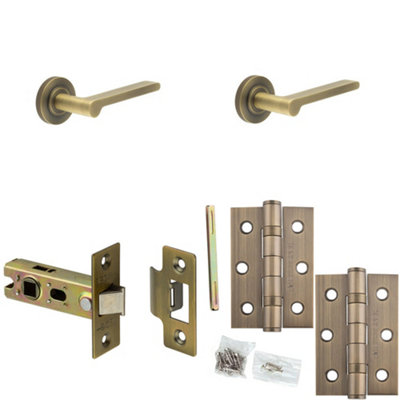 Door Handle & Latch Set Antique Brass Slim Rounded Lever Round Knurled ...