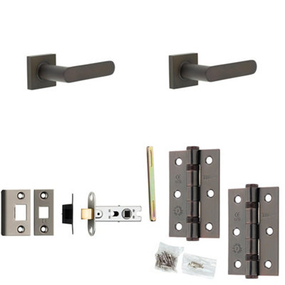 Door Handle & Latch Set Dark Bronze Flat Lever Square Plain On Rose