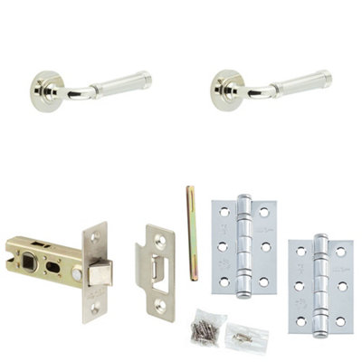 Door Handle & Latch Set Nickel Grooved Premium Rounded Lever Round ...
