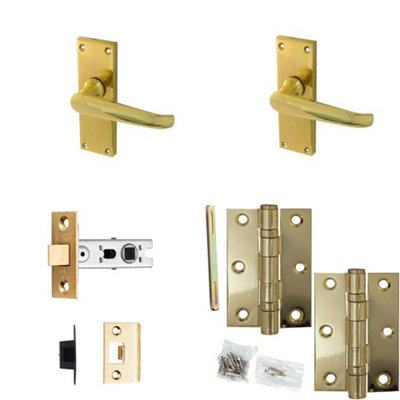 Door Handle & Latch Set Polished Brass Flat Lever Latch Short Backplate